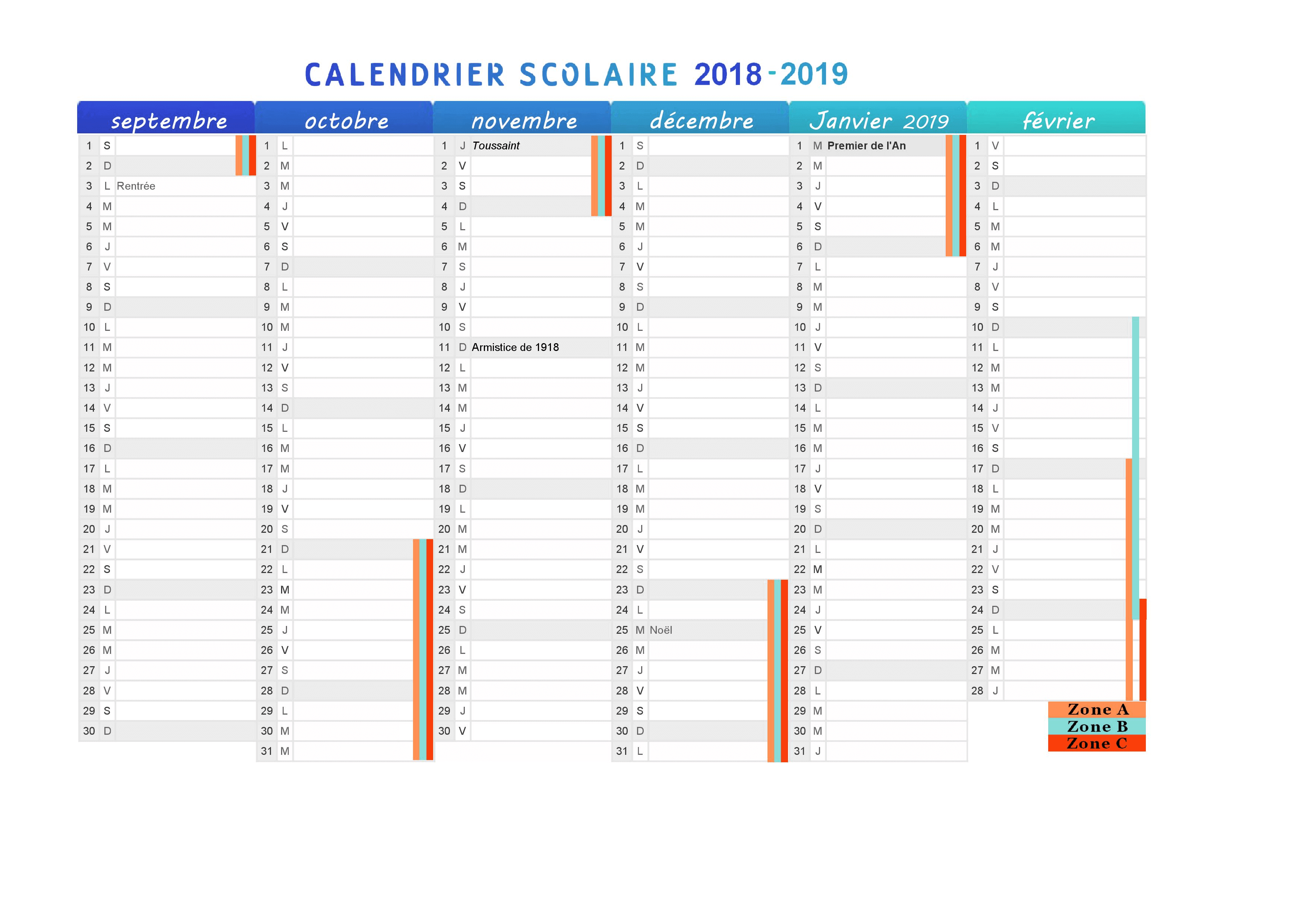 Calendrier scolaire pour les vacances 2018-2019 à imprimer