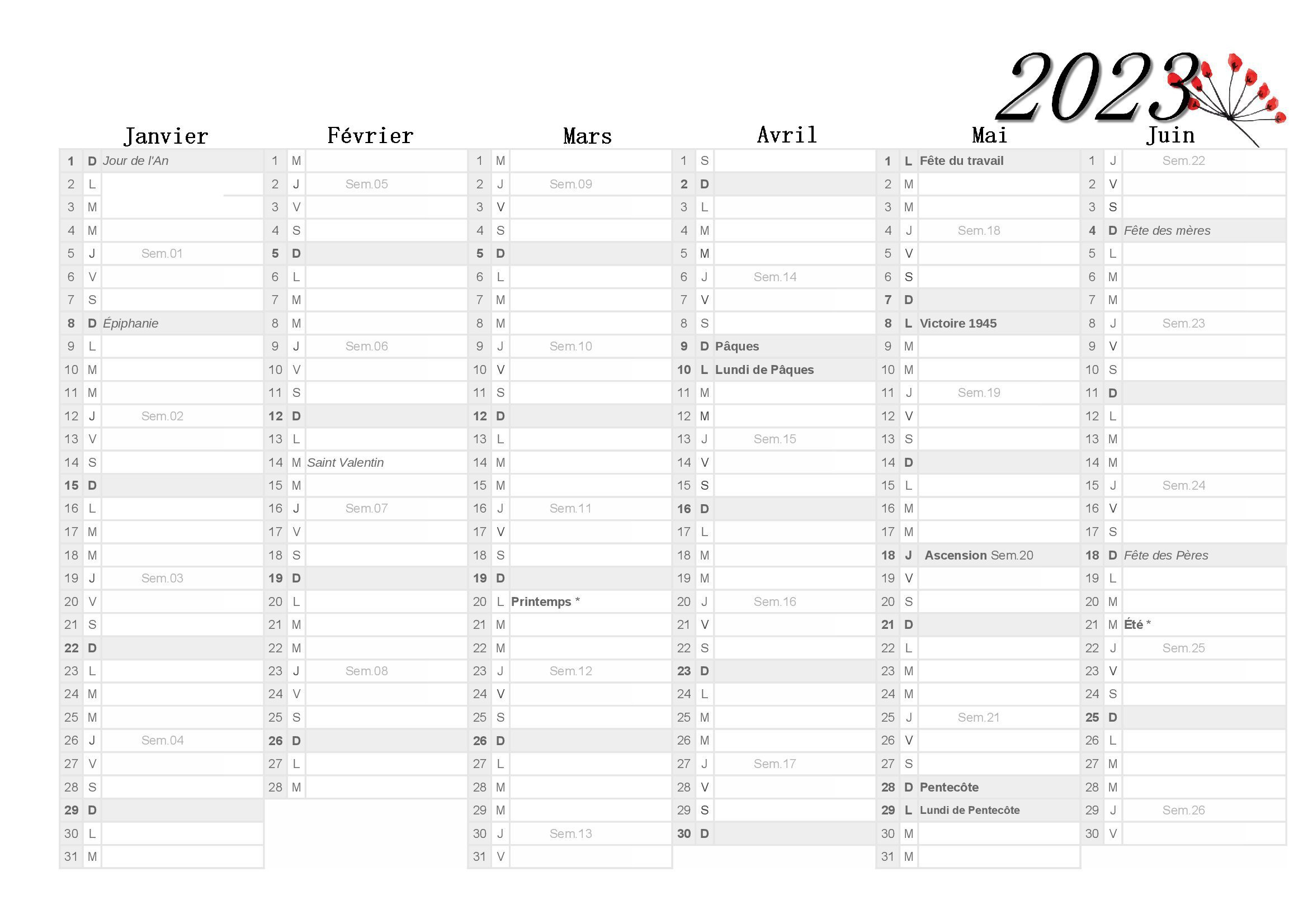 Calendrier 2023 gratuit à imprimer avec les jours fériés - Calendriers A4