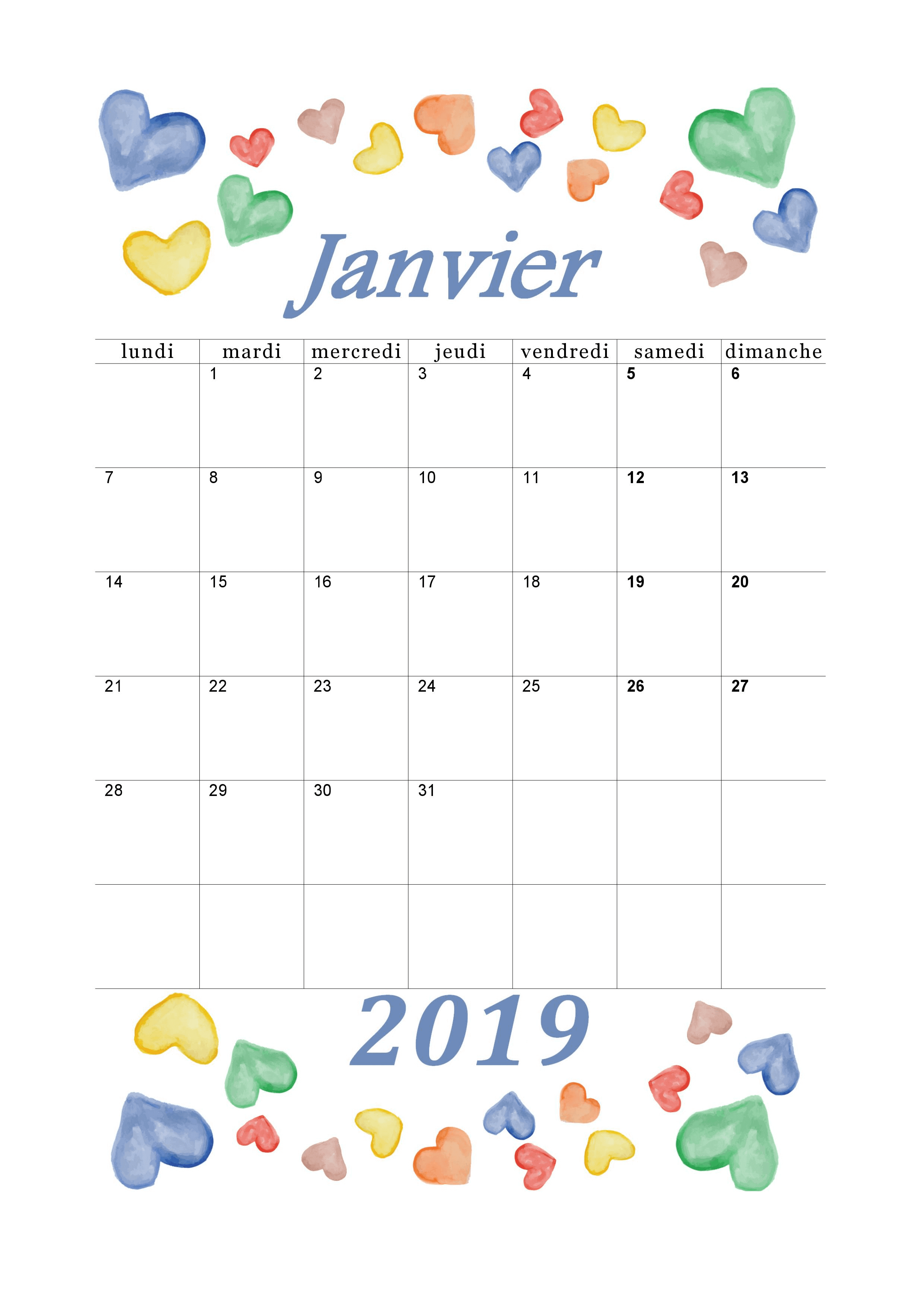 Calendrier mensuel 2019 à imprimer en format pdf