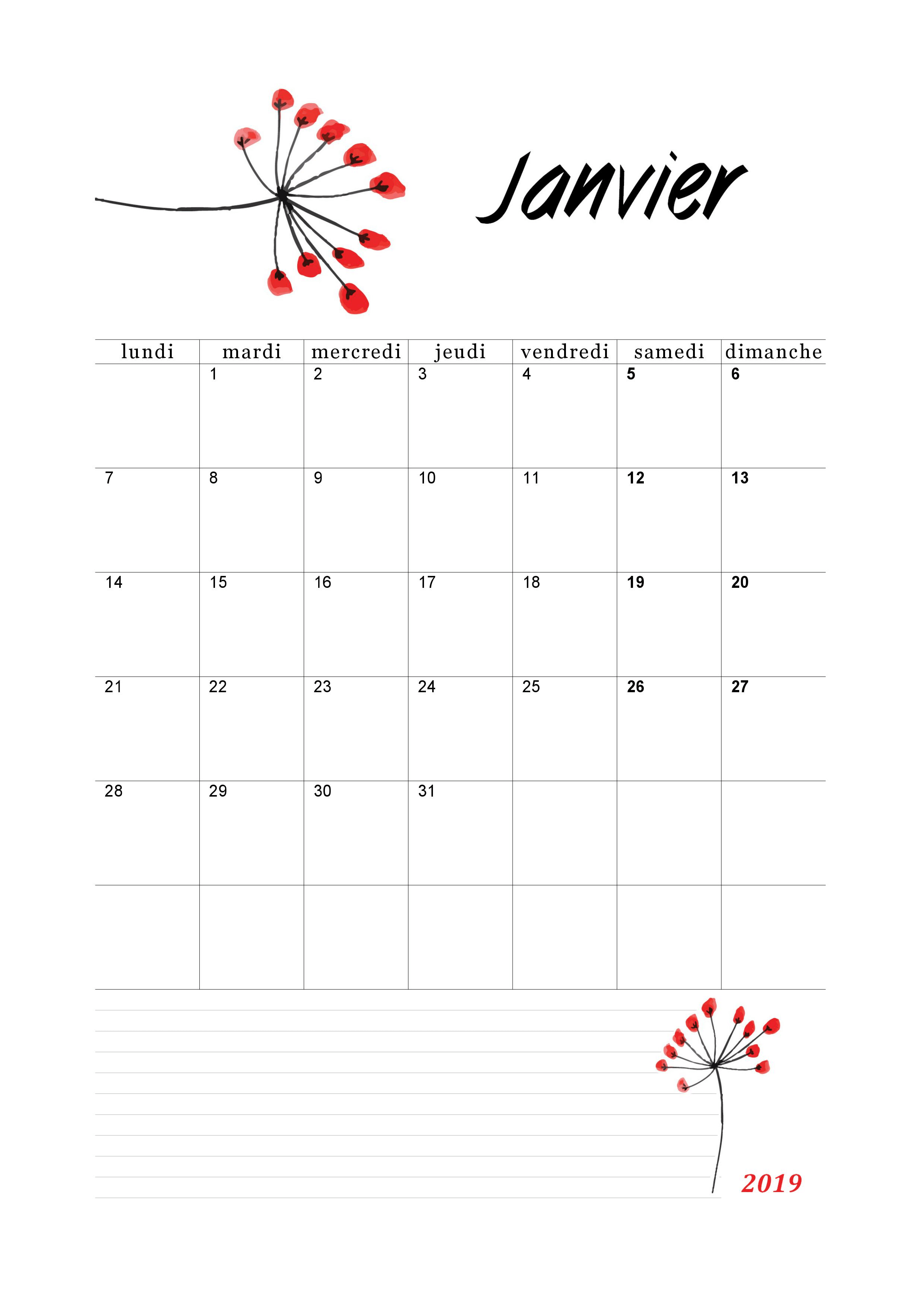 Calendrier Janvier 2019 à imprimer - Calendriers imprimables PDF