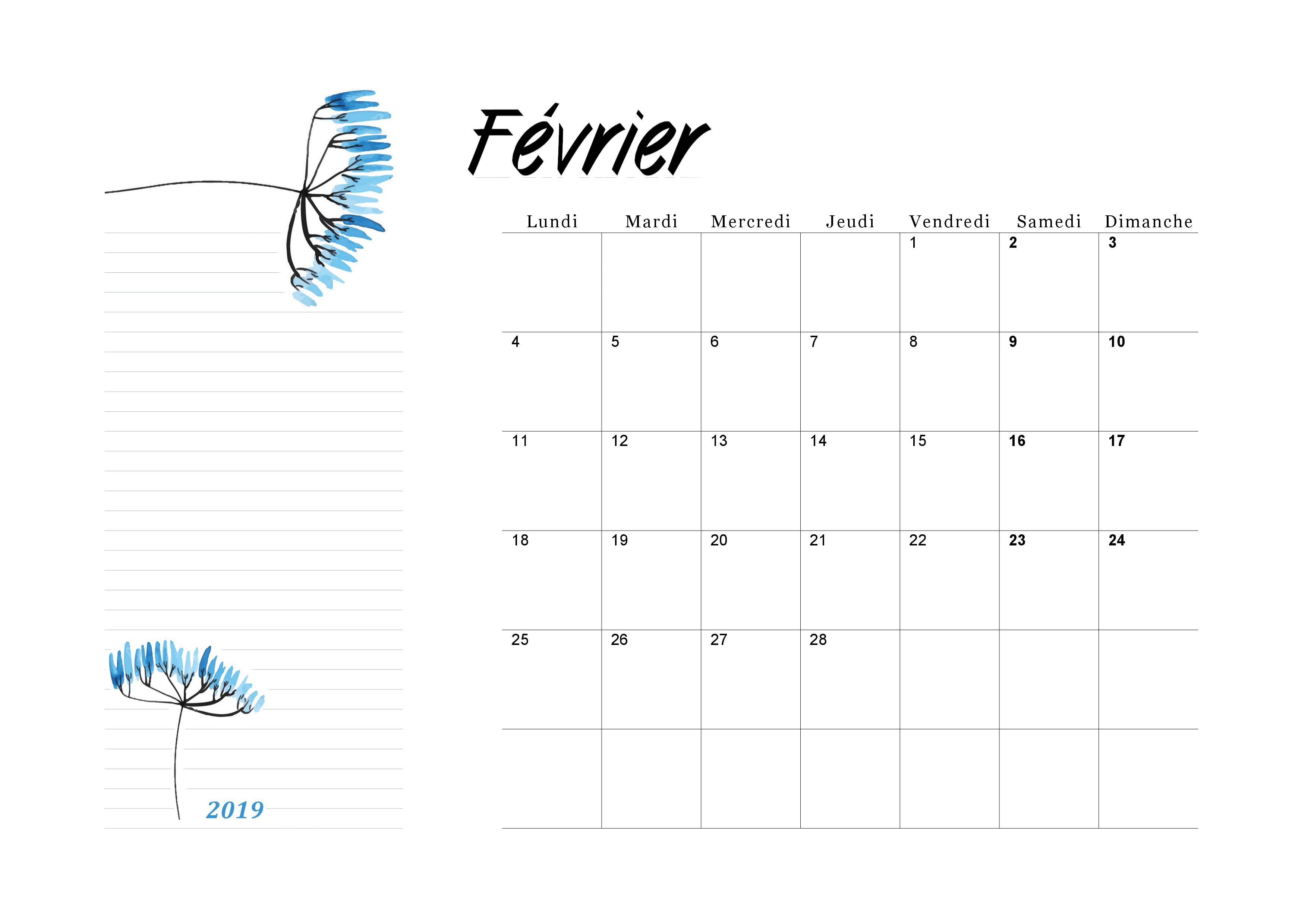 Calendrier février 2019 à imprimer - PDF imprimable