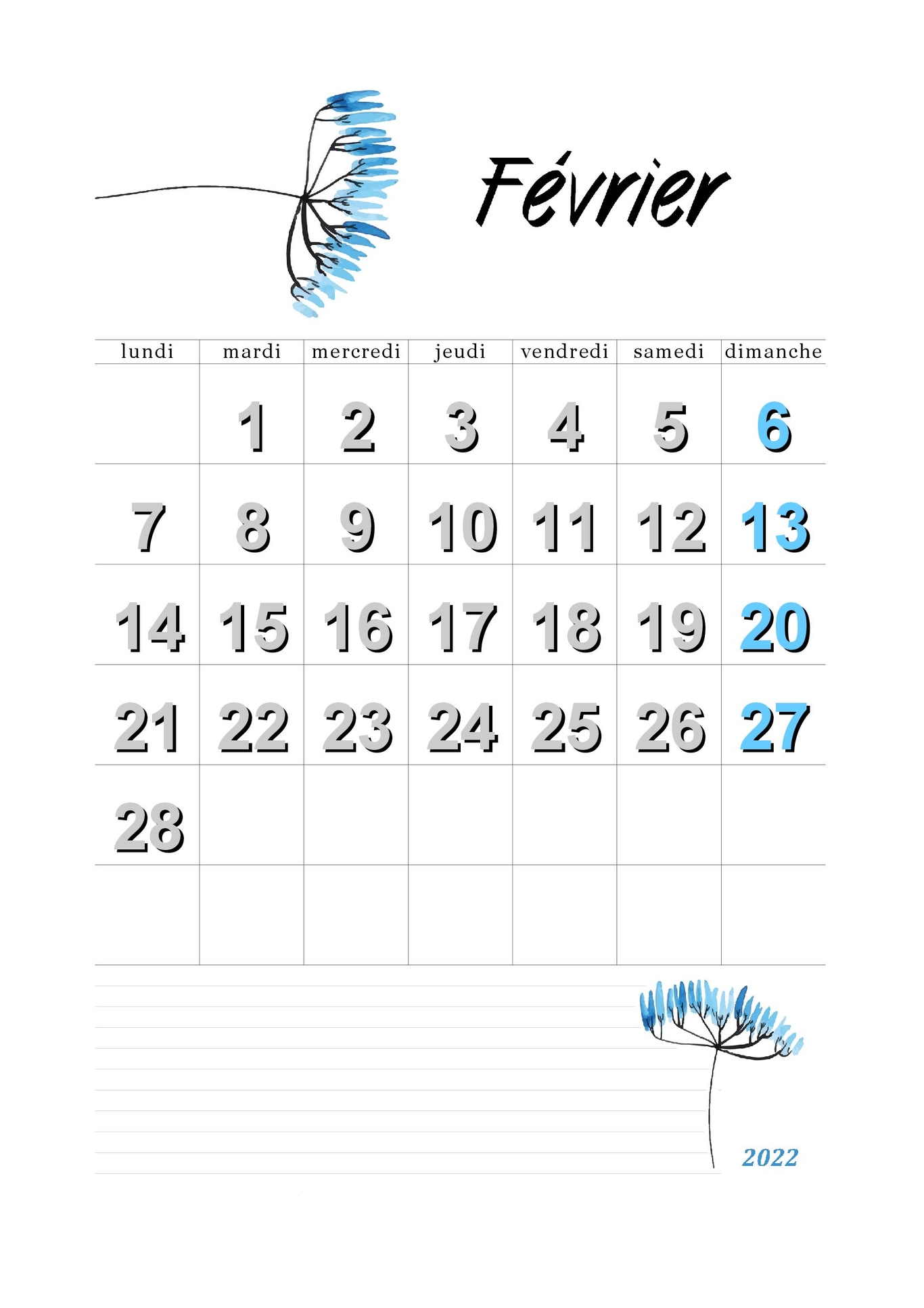 Calendrier du mois de février 2022