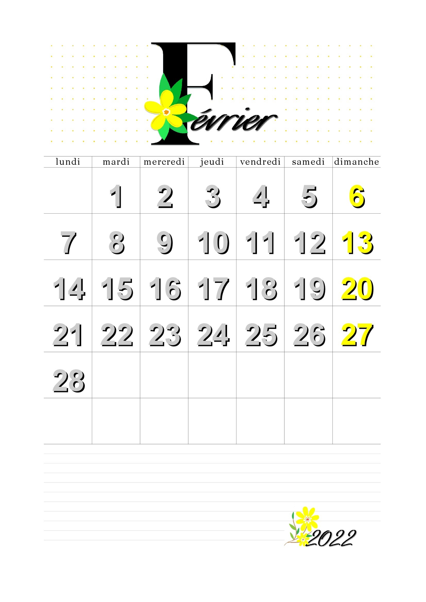Calendrier du mois de février 2022
