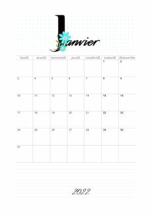 Calendrier du mois de janvier 2022