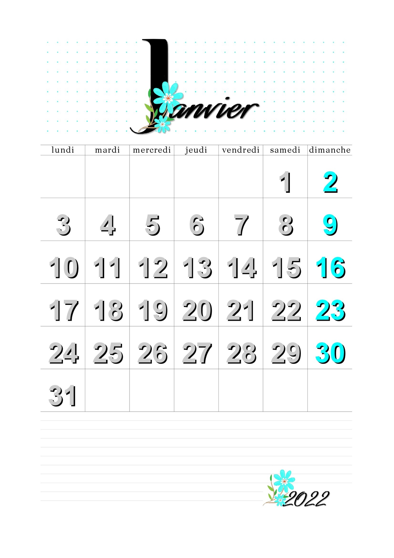 Calendrier du mois de janvier 2022